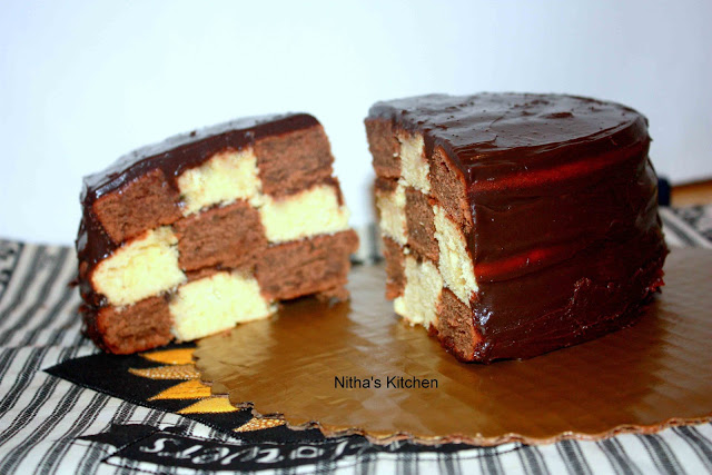 Checker Board Cake with Chocolate and Yellow Cakes - Nitha Kitchen